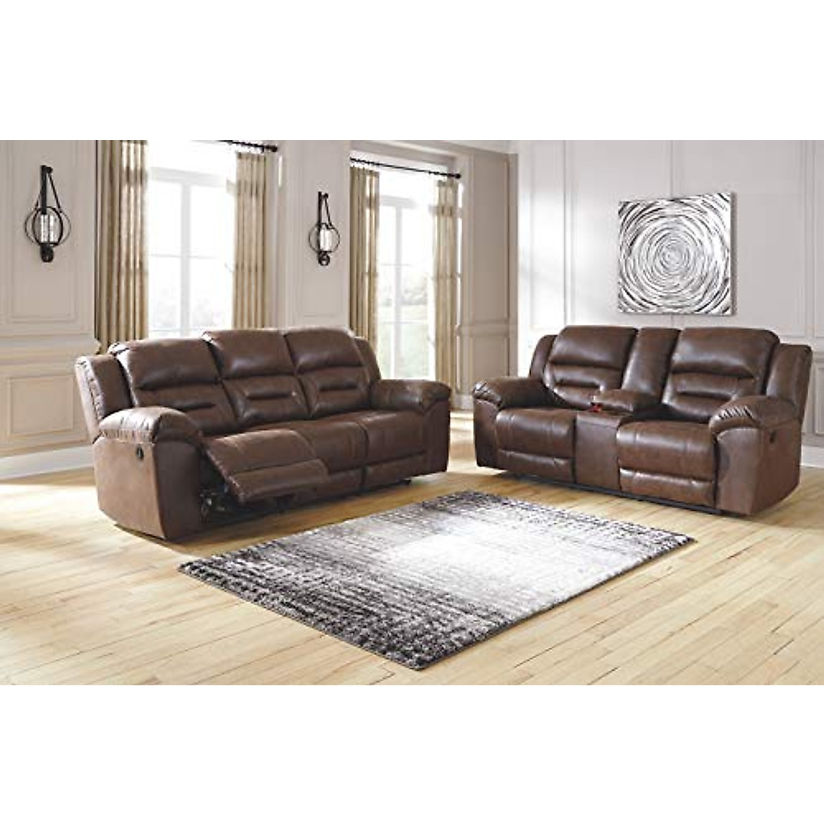 Signature Design by Ashley Stoneland Faux Leather Manual Double Reclining Loveseat with Center Console, Dark Brown