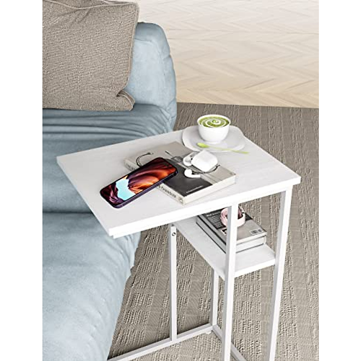 Innerjoin C Shaped End Table, Side Table with Metal Frame, TV Tray Table for Couch, Sofa Table for Living Room Bedroom, Bedside, Rustic Vintage Style, White