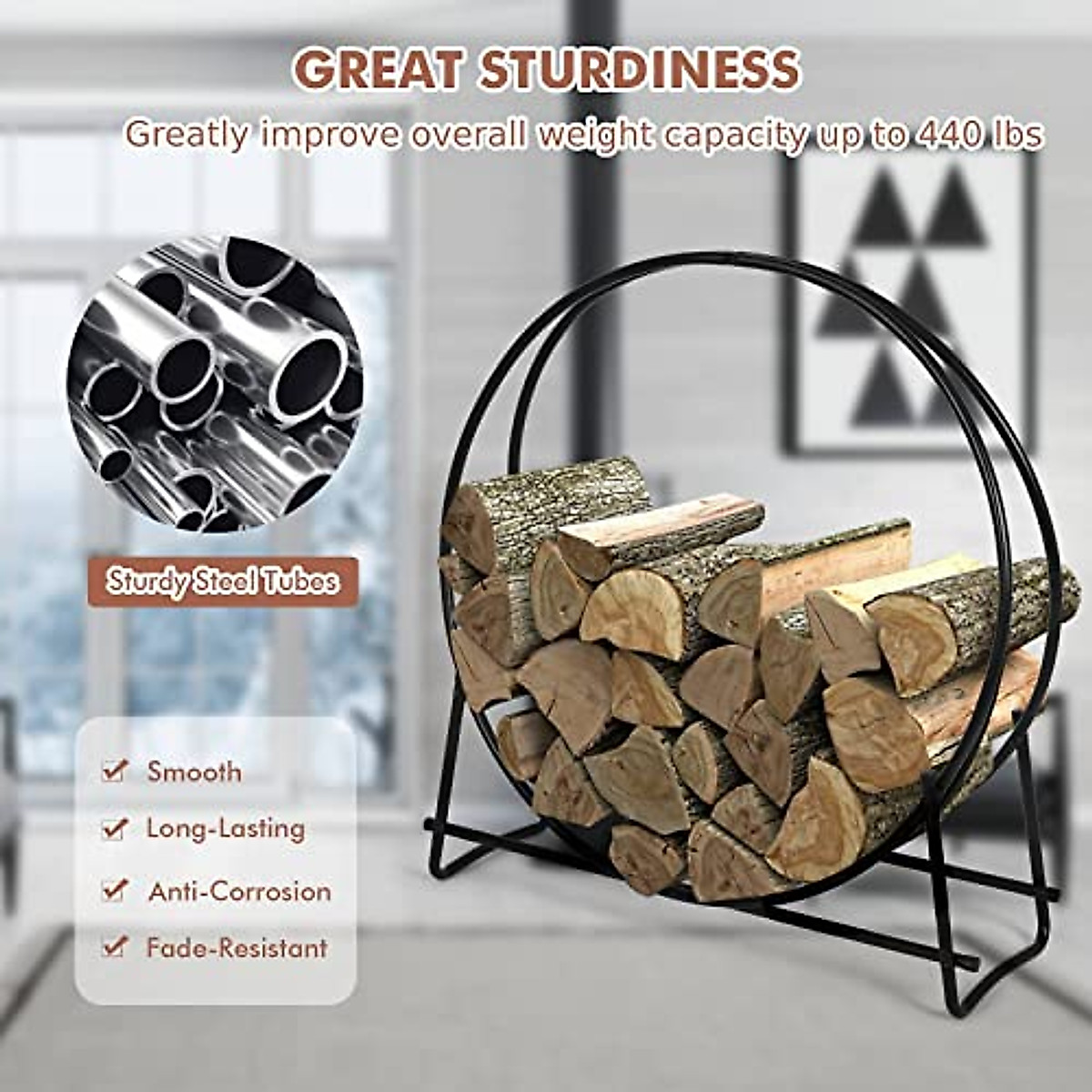 Happytools Firewood Rack, 40 Inch Heavy Duty Tubular Steel Round Log Hoop for Indoor and Outdoor, Black Wood Storage Holder for Fireplace, Fire Pit, Patio, Deck, Porch