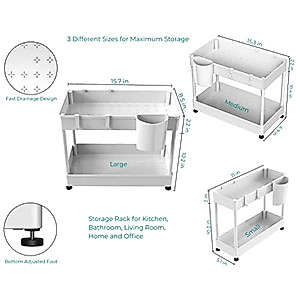 Lovelyduo 3 Pack Under Sink Organizer and Storage, 2 Tier Kitchen Bathroom Undersink Organizers with Hooks, Hanging Cups, Multi-purpose Sink Storage Cabinet White