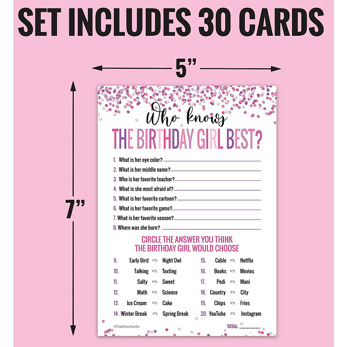 30 Who Knows The Birthday Girl Best Game Cards- for Child or Teen- Fun and Easy Game for Party or Sleepover- Girl Birthday Supplies, Activity, Decorations