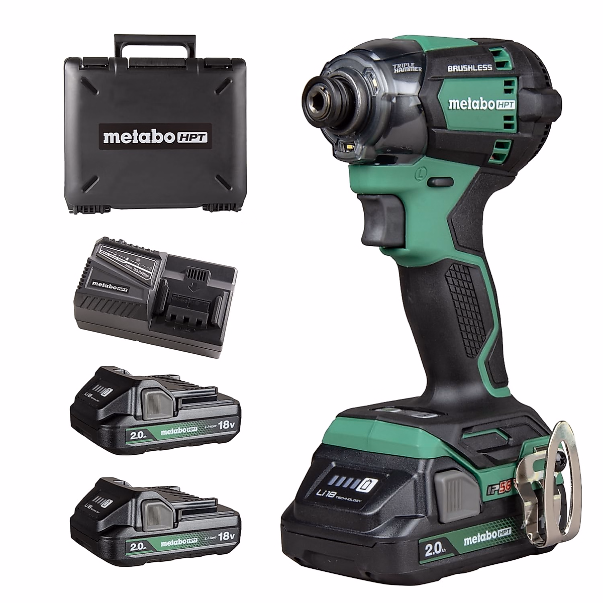 Metabo HPT 18V MultiVolt™ Cordless Triple Hammer BOLT Impact Driver Set, Power Impact Driver Kit with Case, 2 Lithium-Ion Batteries and Charger, 1/4-Inch Chuck, Compact LightWeight Power Tool, WH18DC