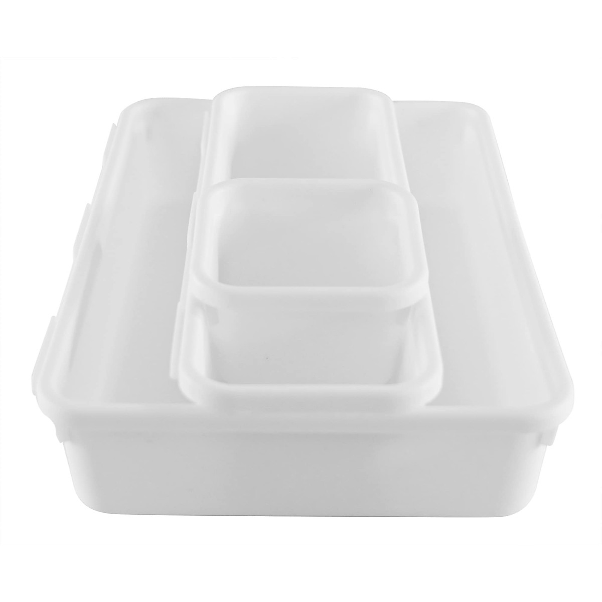 HOME-X Connecting Organizer Trays, Set of Interlocking Adjustable Trays for Organizing Office Supplies and Kitchen Utensil Drawers, Set of 8, 3 Sizes, White