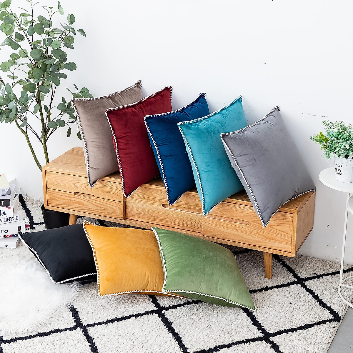 GAWAMAY 16x16 Fall Pillow Covers,Pack of 2 Decorative Cushion Pillow Cases with Chenille Edge Soft Boho Decor Aesthetic Pillows for Living Room Sofa Couch Beding Green Velvet Euro Pillow (40x40cm)