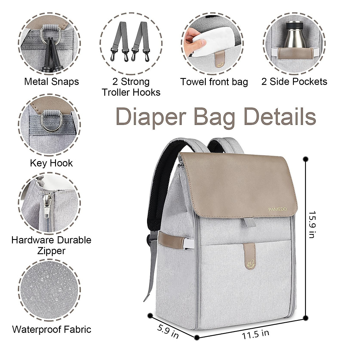 3 in 1 Diaper Bag with Changing Pad Station and Diaper Bag Tote – Pamedo Large Multifunction Travel Backpack- Waterproof Diaper Backpack- Unisex Newborn Gift Ideas Baby Bags, Grey, (PMD01)