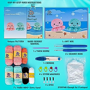 Crochetta Crochet Kit for Beginners, Amigurumi Crocheting Animals Kits w Step-by-Step Video Tutorials, Knitting Starter Pack for Adults and Kids, Jumbo 2 Octopus Familly (40%+ Yarn Content)