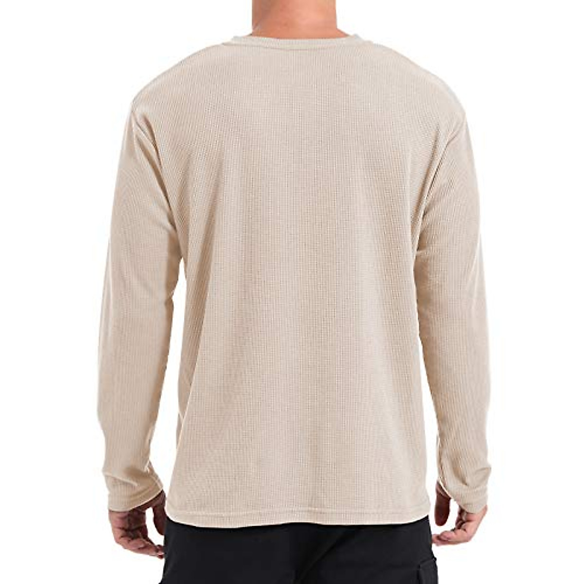 QUALFORT Men's Waffle Henley Shirt Lightweight Long Sleeve Classic Stitch Pullover Sweater Beige Large