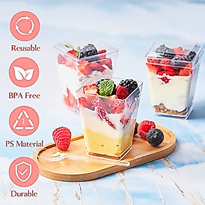 TOFLEN 50Pk 5 oz Mini Dessert Cups with Lids and Spoons, Square Clear Plastic Parfait Cups Party Serving Tumbler Cups for Parfait Appetizers & Dessert Shot Glasses