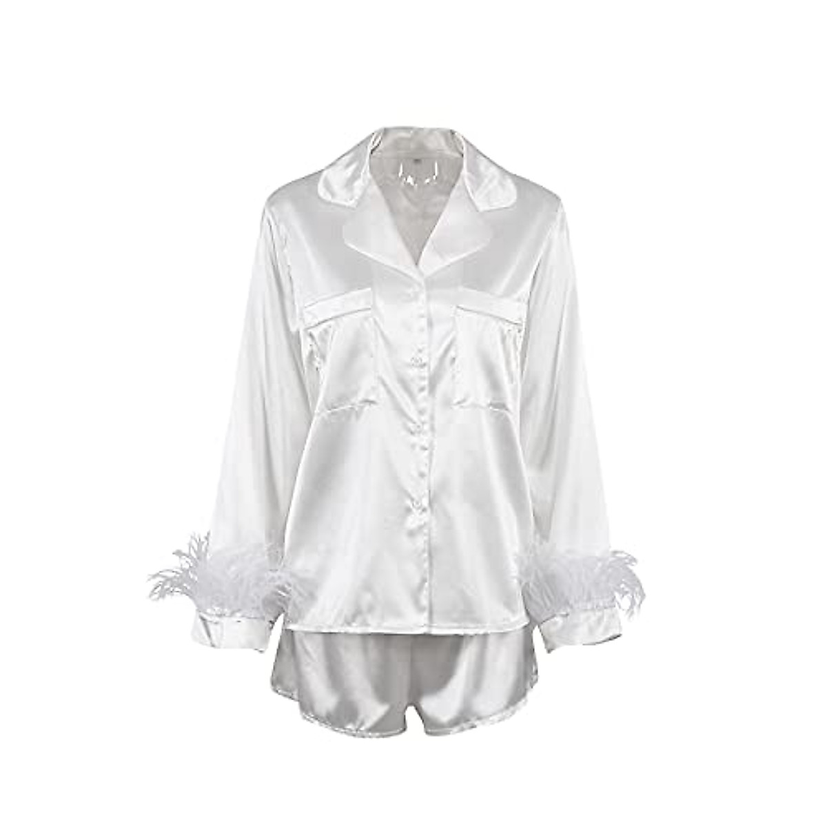 Women 's 2 PCS Feather Silk Pajamas Set Long Sleeve Buttons Down Shirt Top Short Pants Sleepwear PJs (White, Small)