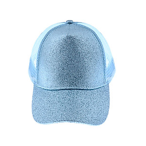 Anna-Kaci Womens Baseball Cap Glitter Ponytail Hat High Messy Bun Ponycap Trucker Dad Hat, Blue