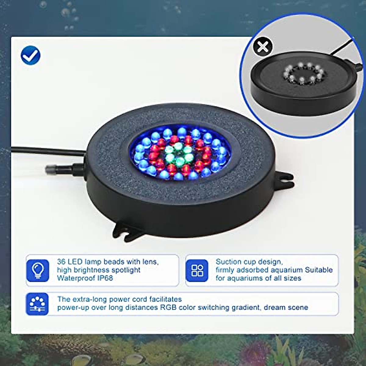 ABESTFISH Aquarium Air Bubble LED Light, 36 LEDs Fish Tank Aquarium Lights Air Stone Disk Kit Fish Tank Air Bubbler Decoration 13 Color Changing IP68 Waterproof with Remote Controller