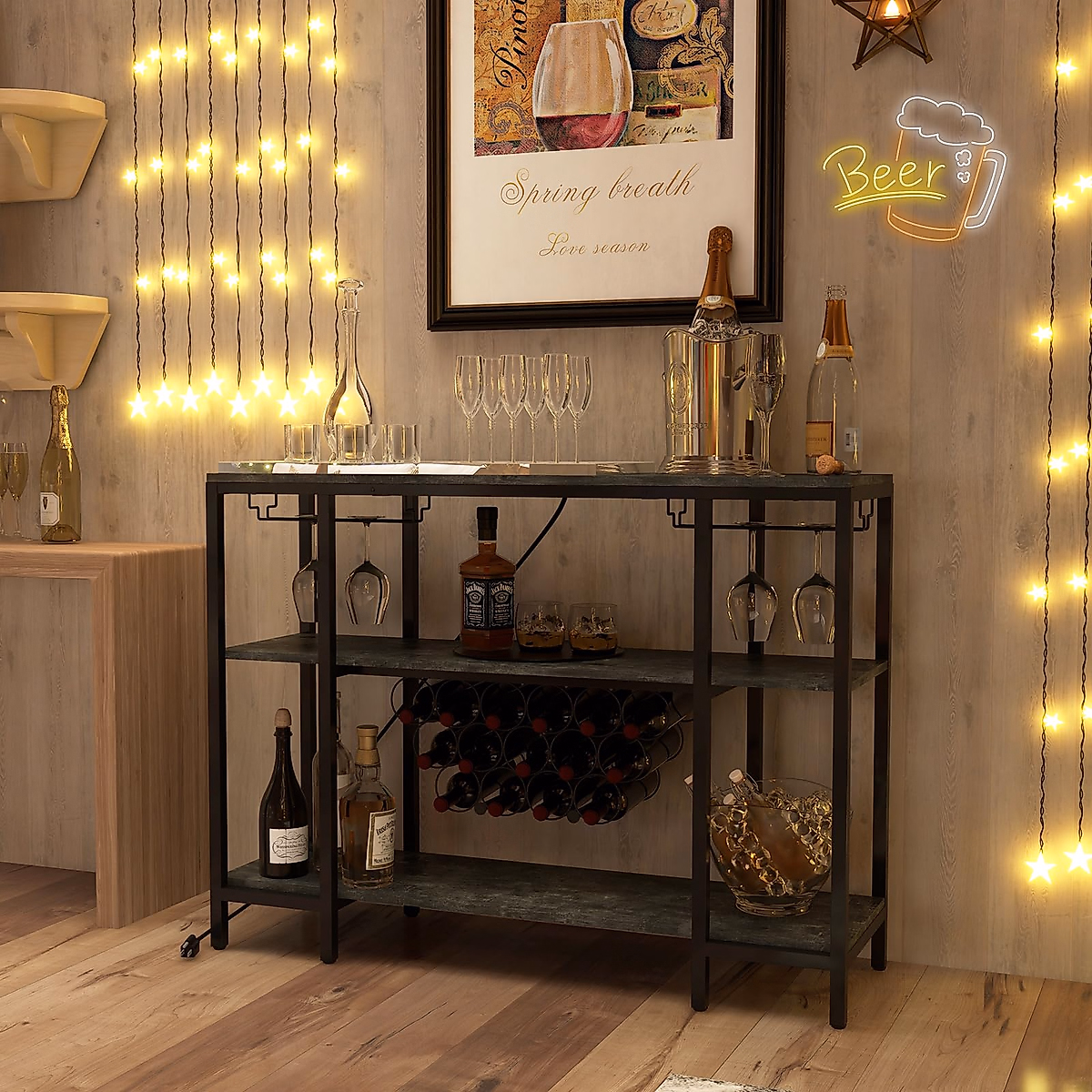 COSTWAY Wine Bar Cabinet, 3-Tier Home Mini Bar for Liquor w/Power Outlets, Glass Holder, Wine Rack, Anti-Tipping Kit, Metal Coffee Bar Table for Home Apartment Kitchen Living Room Pub (Black & Grey)