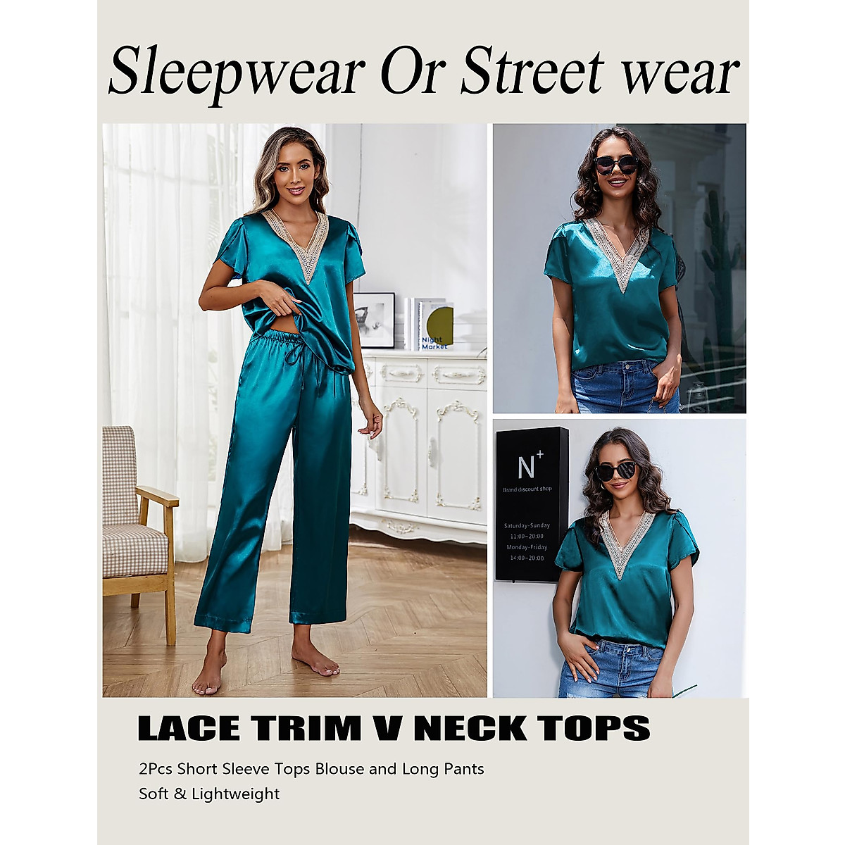 HBZDQB Silky Pajamas for Women Silk 2 Pcs Pants Set V Neck Classic Satin Sleep Sets Short Sleeve Pjs with Long Pant Loungewear Green S