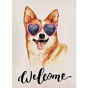 Ogiselestyle Welcome Corgi with Heart Shape Sunglasses Garden Flag Small Vertical Double Sided Decorative House Yard Décor Flag for Outdoor Decoration 12x18 inch