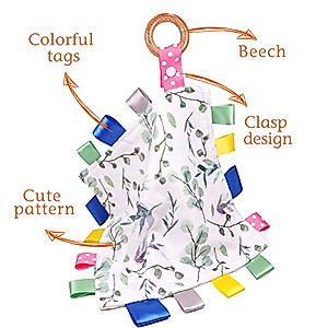 Baby Security Blanket with Tags Soft Ribbon Tag Blanket Comfort Lovey Taggy Blanket Cute Newborn Appease Towel with Bunny Ear Ring