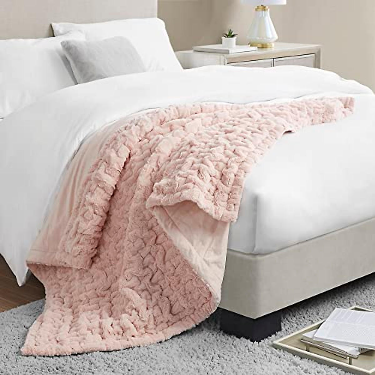 Madison Park Ruched Luxury Throw Premium Soft Cozy Brushed Long Faux Fur For Bed, Couch or Sofa, 50"x60", Blush