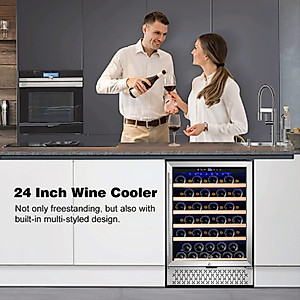Tylza 24 Inch Wine Cooler Refrigerator 51 Bottle Built-in or Freestanding 24'' Fridge with Stainless Steel & Double Layer Tempered Glass Door and Temperature Memory Function