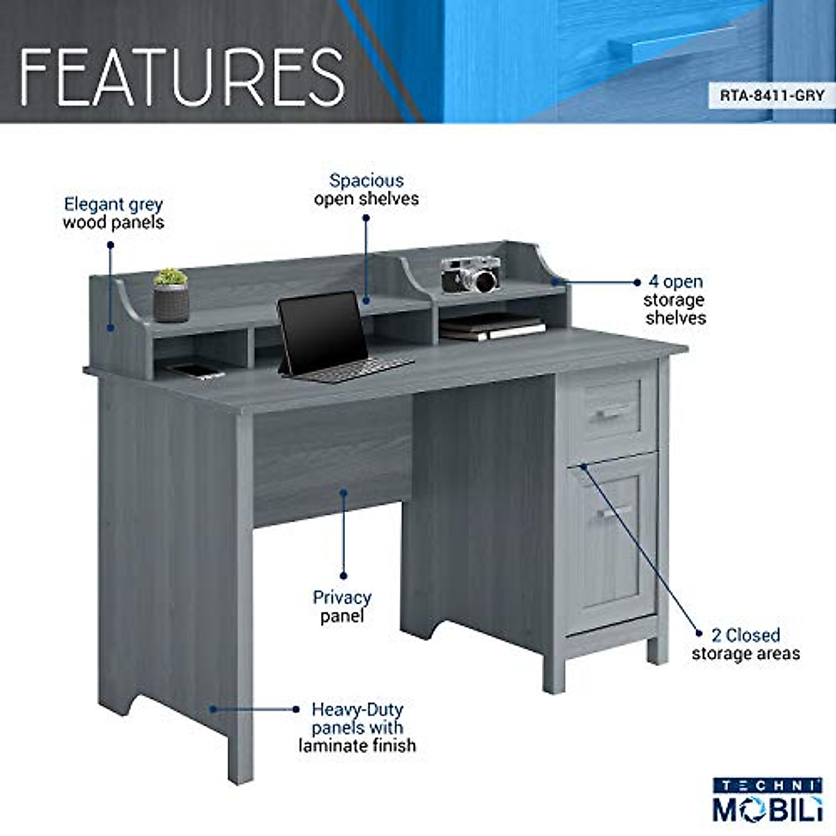 Techni Mobili Classic Office Storage Writing Desk, Grey