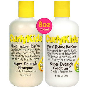CurlyKids Super Detangle Kids Shampoo & Conditioner Set, Frizz-Free Care for Curly, Kinky, Wavy, and Frizzy Hair - Sulfate & Paraben-Free Hair Care