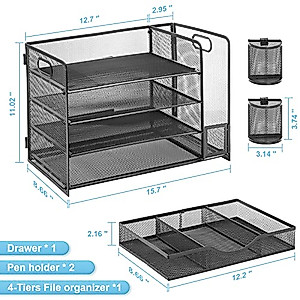 Mesh Desk Organizer, 4-Tier Desk File Organizer with Drawer and 2 Pen Holders, Multifunction Paper Tray Organizer, Desk Organizers and Accessories for Home Office Supplies, Black