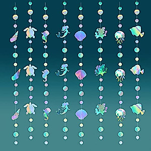 8pcs Iridescent Mermaid Garland for Mermaid Birthday Party Baby Shower Decorations, Ocean Seashell Fish Turtle Paper Garland for Home Classroom Decor Bunting Banner Streamers