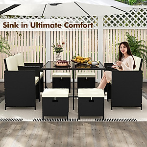 Tangkula 9 Pieces Outdoor Dining Furniture Set, Space-Saving Wicker Rattan Chairs & Tempered Glass Table with Ottomans, Cushioned Seat, Patio Conversation Set for Garden Yard Poolside (White)