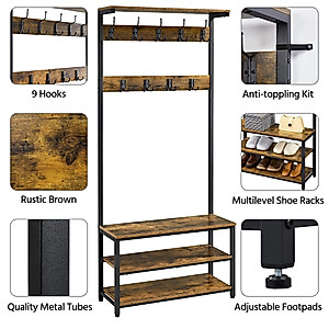 Yaheetech 3-in-1 Design Hall Tree Coat Rack Shoe Bench with 23 Hooks, Entryway Storage Shelf Bench with Metal Frame, Industrial Accent Furniture for Mudroom & Hallway, Easy Assembly, Rustic Brown