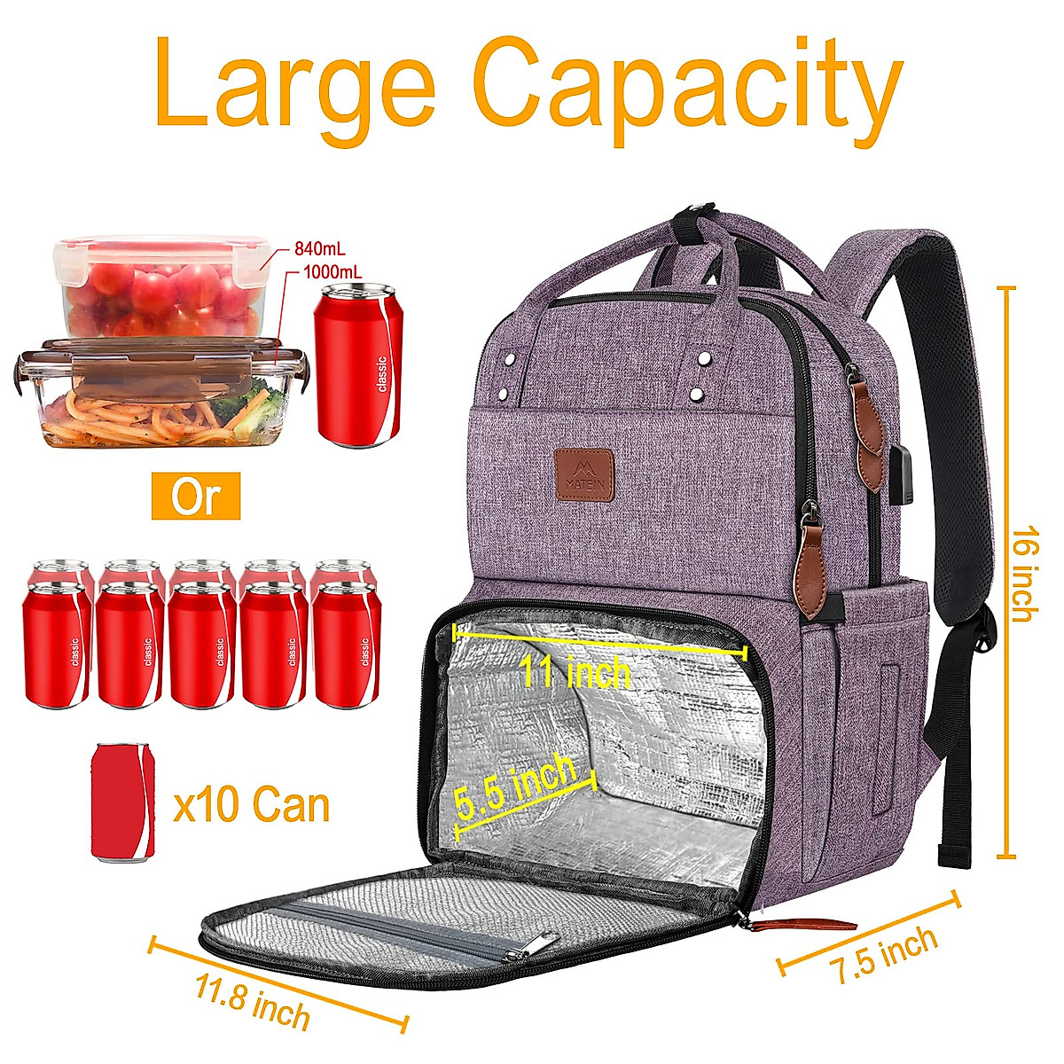 MATEIN Laptop Backpack with Lunch Box, Insulated Women Backpacks with Cooler Compartment, 15.6 inch Water Resistent Tote Food Bag with USB Charging Port for College Beach Camping Picnics Hiking
