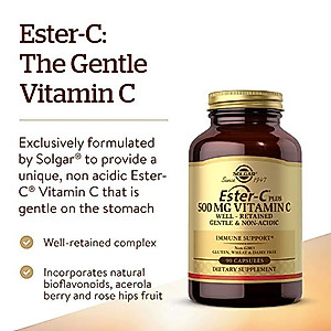 Solgar Ester-C Plus 500 mg Vitamin C with Citrus Bioflavonoids - 90 Capsules - Gentle & Non Acidic, Well Retained - 24-Hour Immune Support - Non-GMO, Gluten Free - 90 Servings