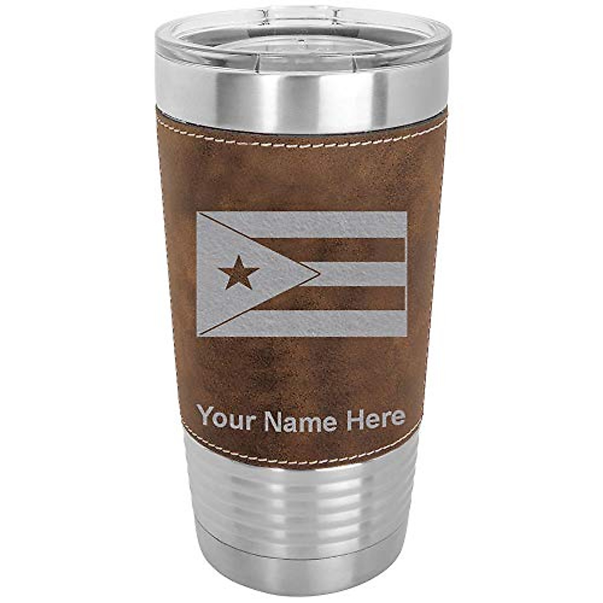LaserGram 20oz Vacuum Insulated Tumbler Mug, Flag of Puerto Rico, Personalized Engraving Included (Faux Leather, Rustic)