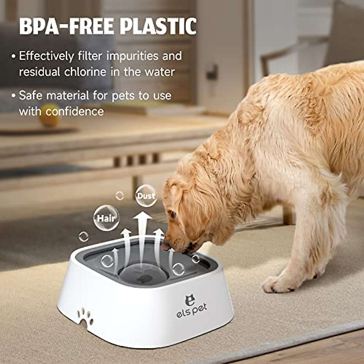 ELS PET Dog Bowl No Spill, Pet Water Bowl No Drip Slow Water Feeder Cat Bowl, Pet Water Dispenser 35oz/1L Travel Water Bowl for Dogs, Cats