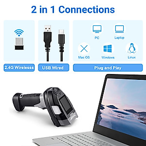 Upgraded Industrial Barcode Scanner Wireless, 1D Laser Bar Code Scaners 2 in 1 Plug and Play Rugged Heavy Duty & IP65 Waterproof, Long-Distance Wireless Handheld Barcode Reader with 1.8" Screen