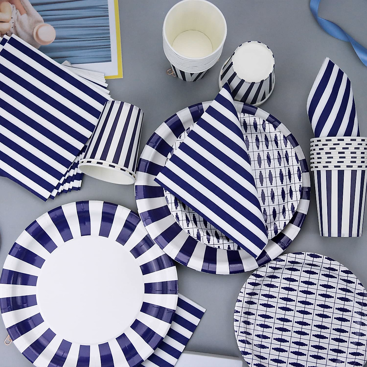 Navy Blue Striped Party Supplies, Blue and White Birthday Party Pack, Navy Blue Paper Plates and Napkins Set for Boys Baby Shower Birthday Graduation Summer Blue Party, Services 40