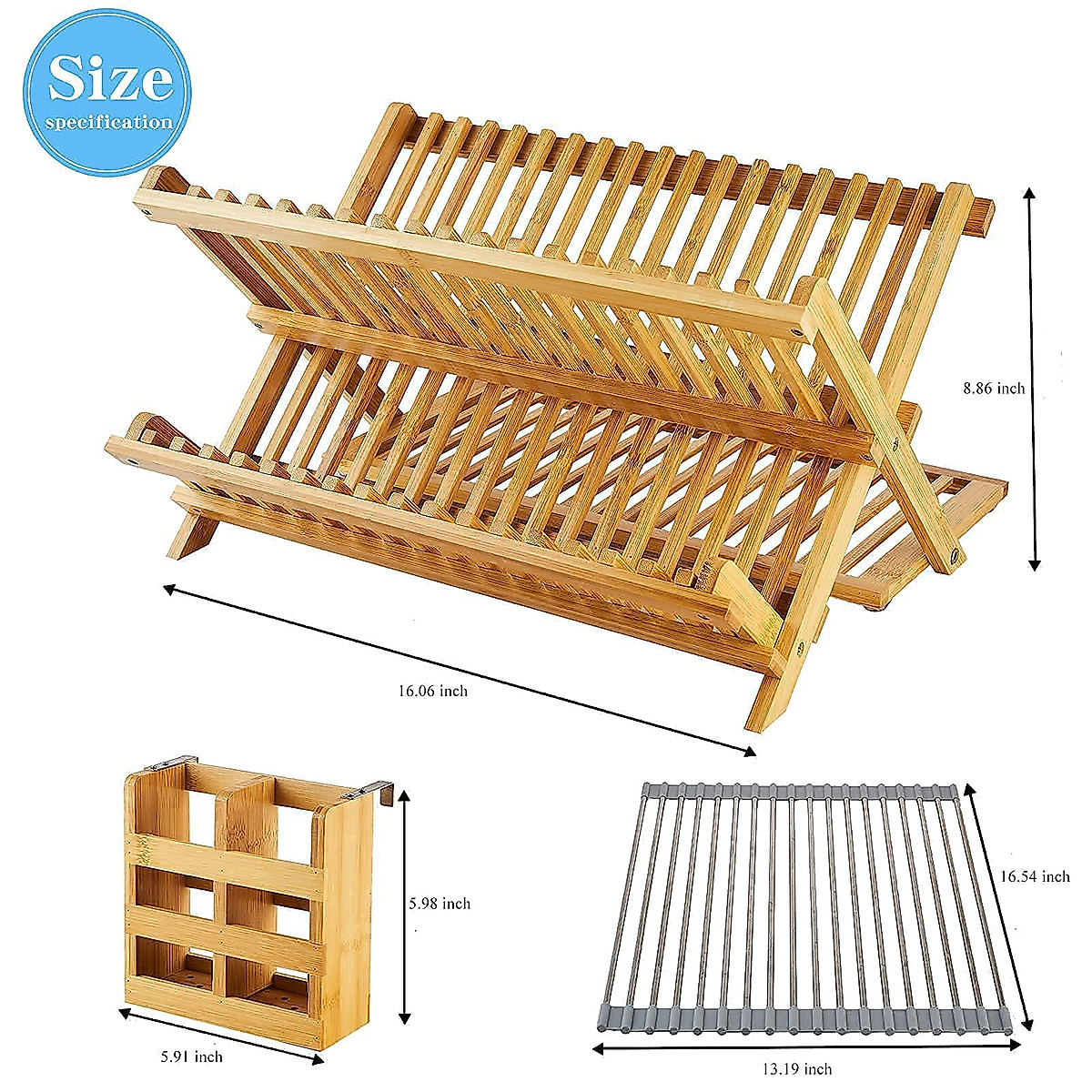 WORTHUG Bamboo Dish Drying Rack Set, 3-Tier Collapsible Bamboo Drainer Dish Drying Rack with Utensil Holder ,Multipurpose Roll-Up Dish Drying Rack