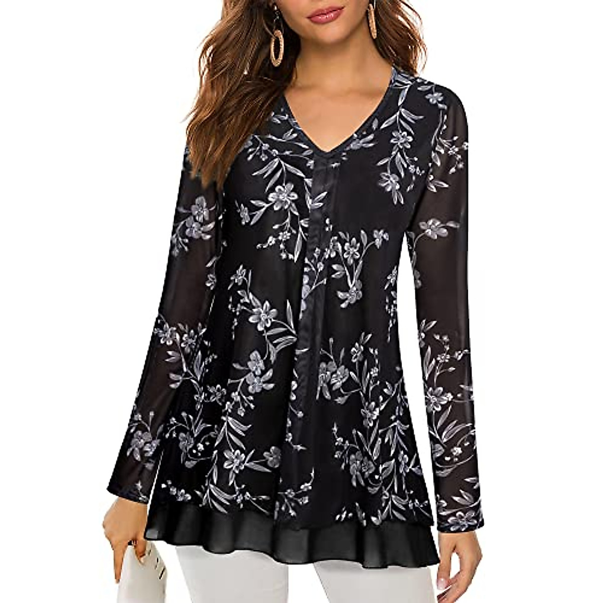 Triratna Women's Tunic Tops Work Blouses for Women Office Professional Pleated Front Ruffle Hem V Neck Double Layers Fancy Gorgeous Tunic Shirts Vacation Dressy Tops Black-White Floral,L