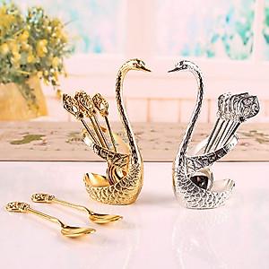 Coffee Dessert Spoon Set, Metal Swan Base Holder Spoon Organizer with 6 Spoons, Creative Dinnerware Set Decorative Swan Shaped Style Holder (Gold (A))