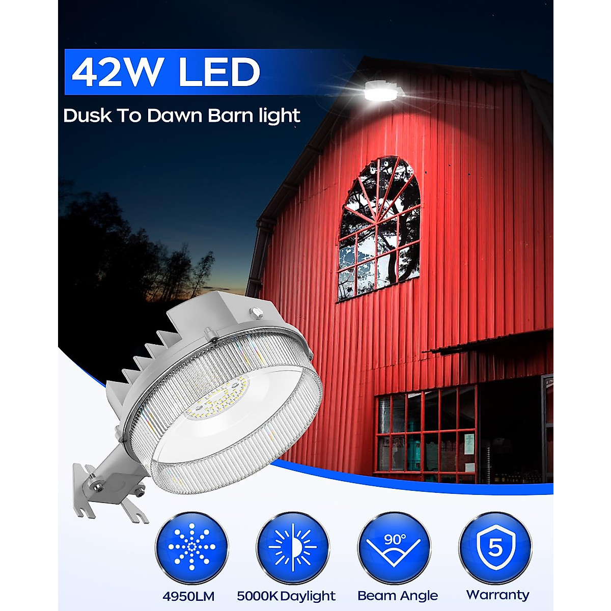 CINOTON LED Barn Light, Dusk to Dawn Outdoor Lighting, 42W 4950LM 5000K Daylight, Security Flood Light, UL Listed, IP65 Waterproof Outside Area Light with Photocell, Silver 3 Pack