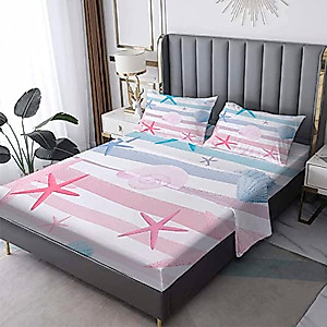 Beach Theme Sheets Twin - Seashell and Starfish Bed Sheet Set for Kids Girls - Coastal Bedding Sheets & Pillowcases 3 Piece - Fitted, Flat Sheet & Pillow Case - Soft & Deep Pocket & Wrinkle Free