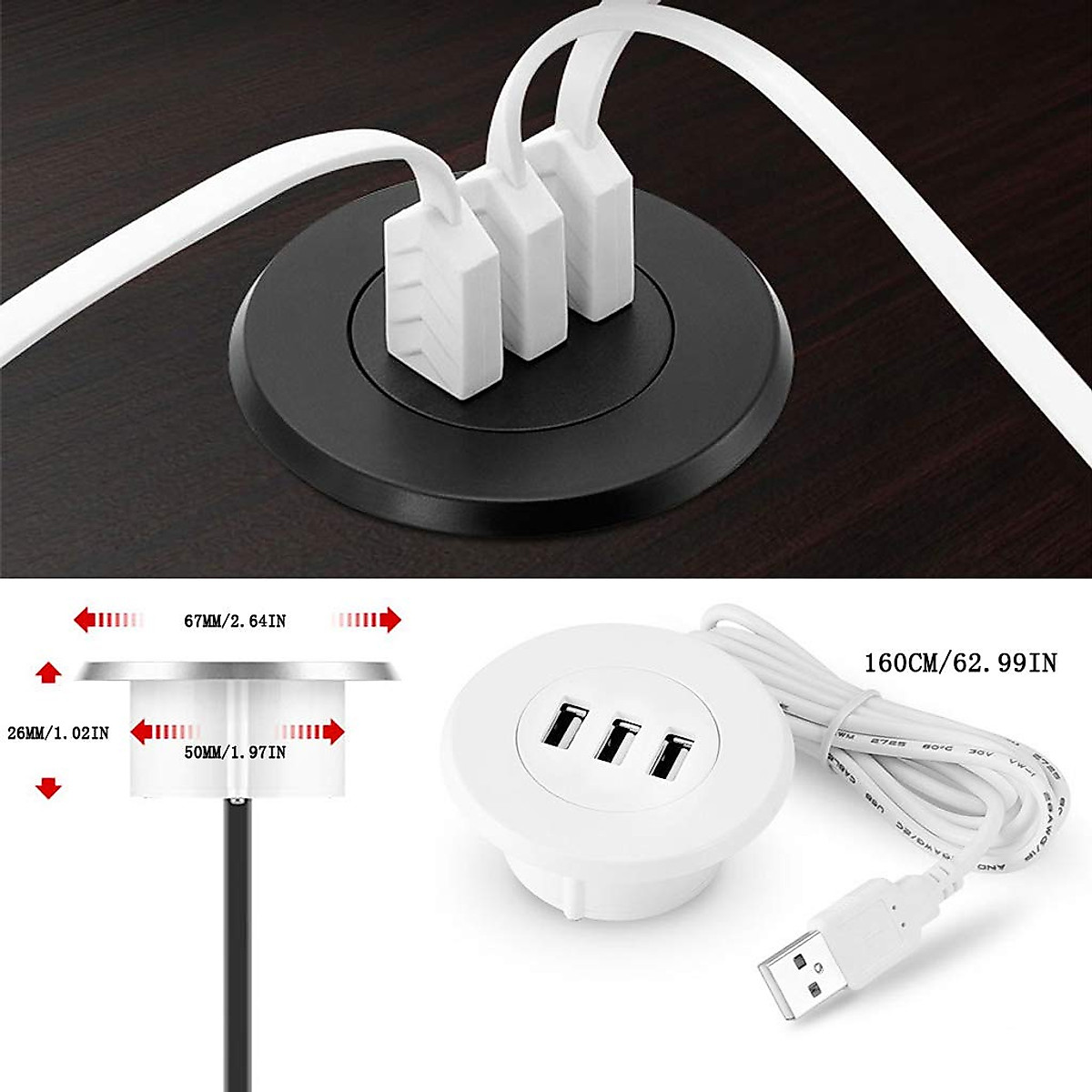 5cm Grommet Hole in-Desk Mounting 3 Ports USB 2.0 Hub for Laptop PC Computer