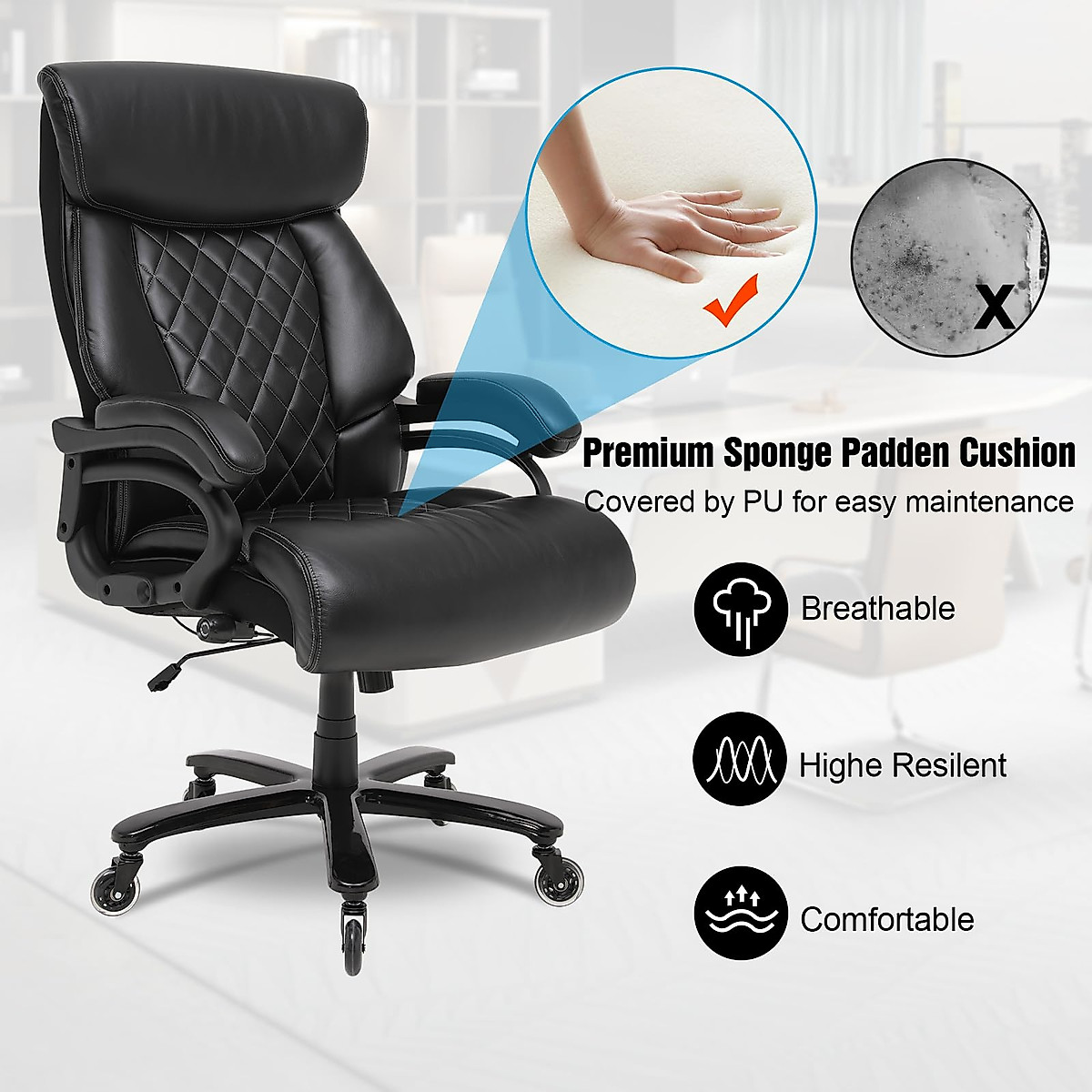 BOWTHY Big and Tall Office Chair 400lbs Heavy Duty Ergonomic Computer Desk Chair with Arms High Back Adjustable Lumbar Support 360 Swivel Task Chair Executive Leather Chair (Black)