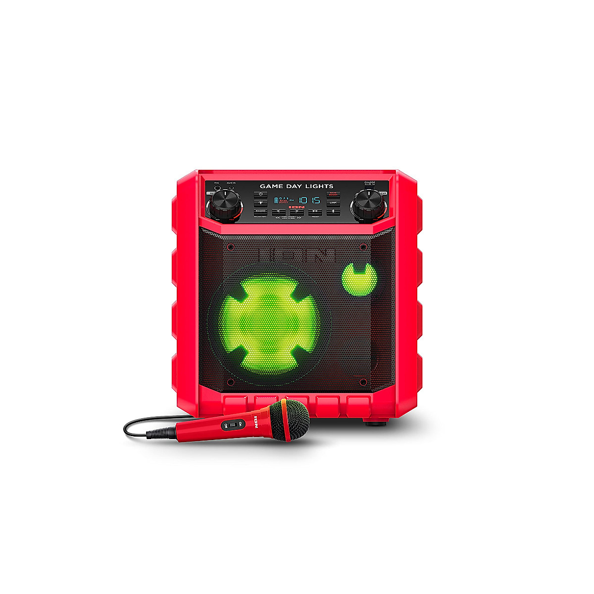 ION Game Day Lights Portable Bluetooth Party Speaker with Karaoke Microphone Lights and Radio for Birthday, Pool Party, BBQ – Powerful, 50W (Red)