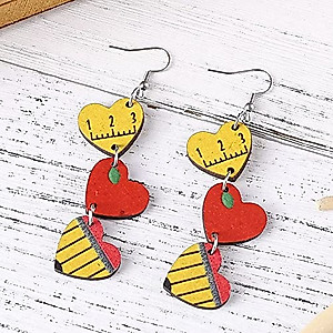 Azusa Sun Wooden Love String Earrings for Students Pencil Apple Ruler Back-to-school Earrings Creative Teachers' Day Gifts for Women Teacher