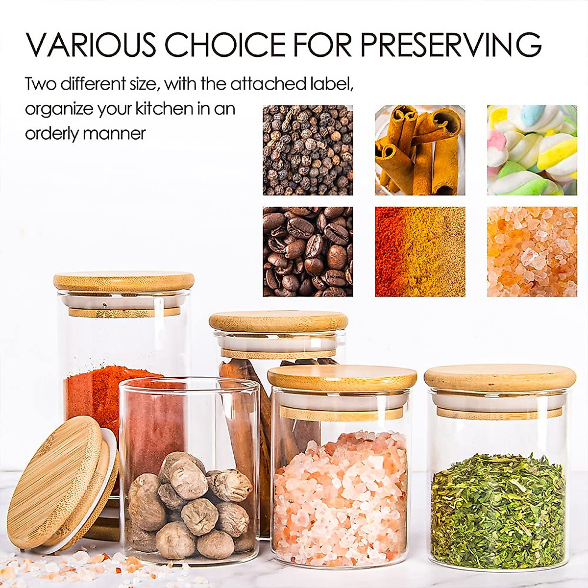 YANGNAY 20 Pack Glass Jars with Bamboo Lids, Spice Tea Herb Storage Containers, Stackable, 2 Size (6 oz, 8 oz)