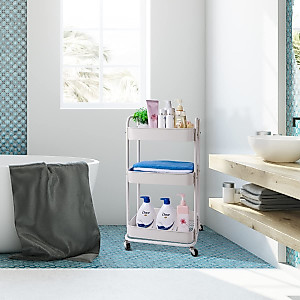 YOHKOH 3-Tier Metal Rolling Utility Cart, Storage Trolley Cart with Mesh Baskets and Lockable Wheels for Bathroom Kitchen Office(White)