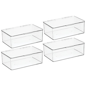 mDesign Plastic Bathroom Stackable Storage Box with Hinged Lid for Vanity/Countertop - Holds Soap, Body Wash, Shampoo, Lotion, Conditioner, Towels, Accessories, Body Spray, Mouthwash - 4 Pack - Clear