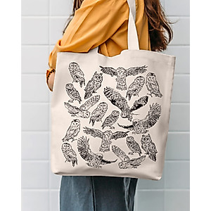 AUSVKAI Canvas Tote Bag Aesthetic for Women, Cute Trendy Owl Hand Drawn Reusable Cloth Cotton Bags with Handle for Grocery College Shopping Beach