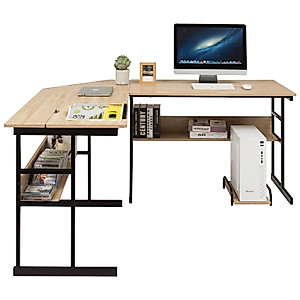 Tangkula 67 Inches L-Shaped Office Desk, Corner Computer Desk with Bottom Bookshelves & CPU Stand, Drafting Drawing Table with Tiltable Desktop, Corner Computer Workstation Home Office Desk
