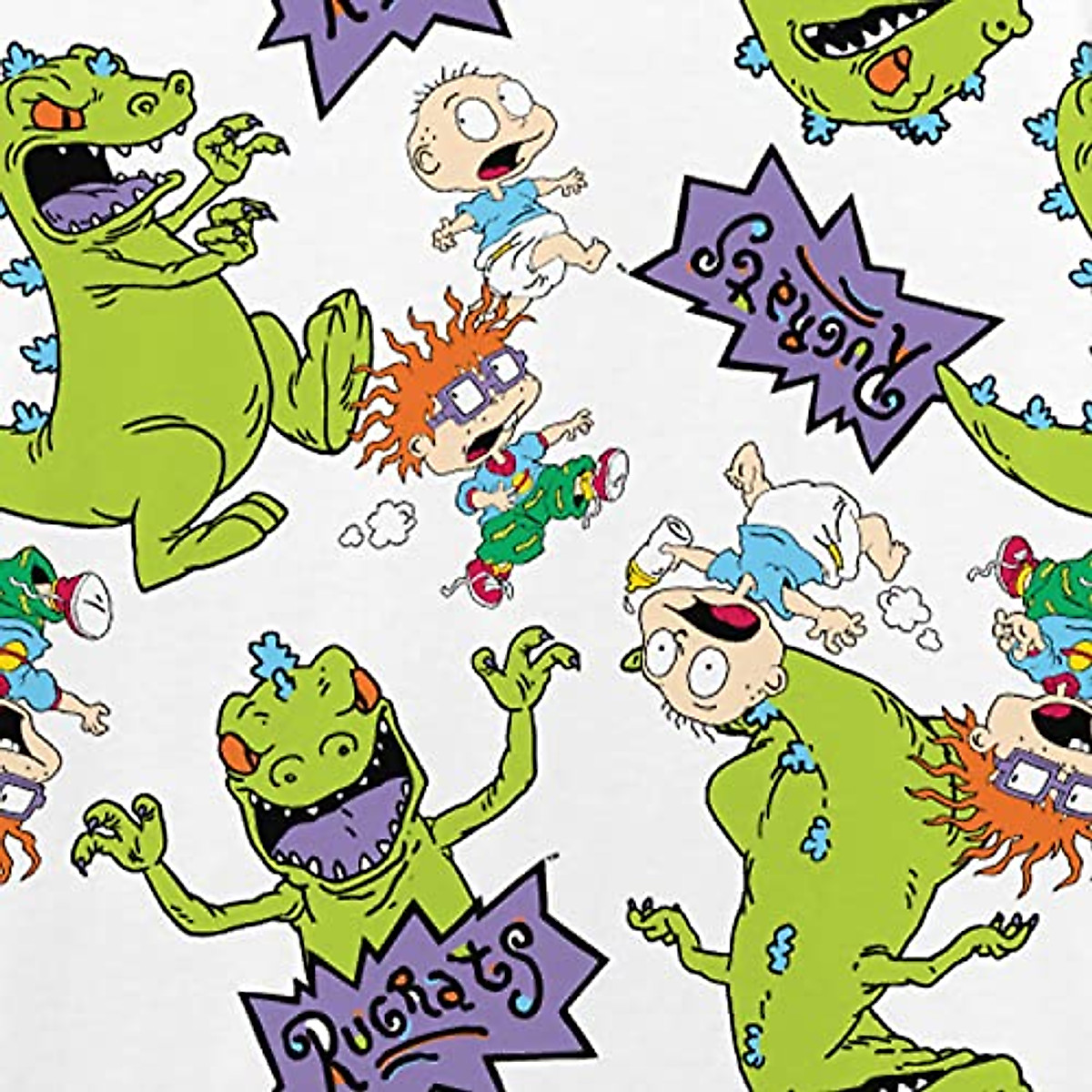 Nickelodeon Mens Rugrats Reptar Shirt - Rugrats Reptar Chuckie Tommy Allover Print T-Shirt (White, Large)