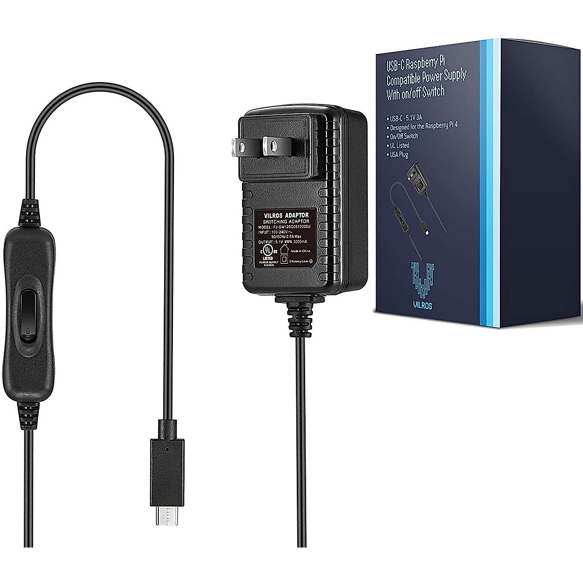 Vilros Raspberry Pi 4 & 400 Compatible Power Supply (USB-C) with on/Off Switch