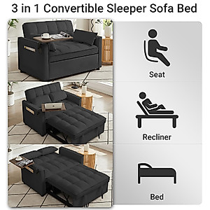 Rovibek 3 in 1 Convertible Sleeper Sofa Bed Pull Out Couch Futon Loveseat Velvet Chaise Lounge with 2 Pockets and 2 Pillows for Living Room, Black